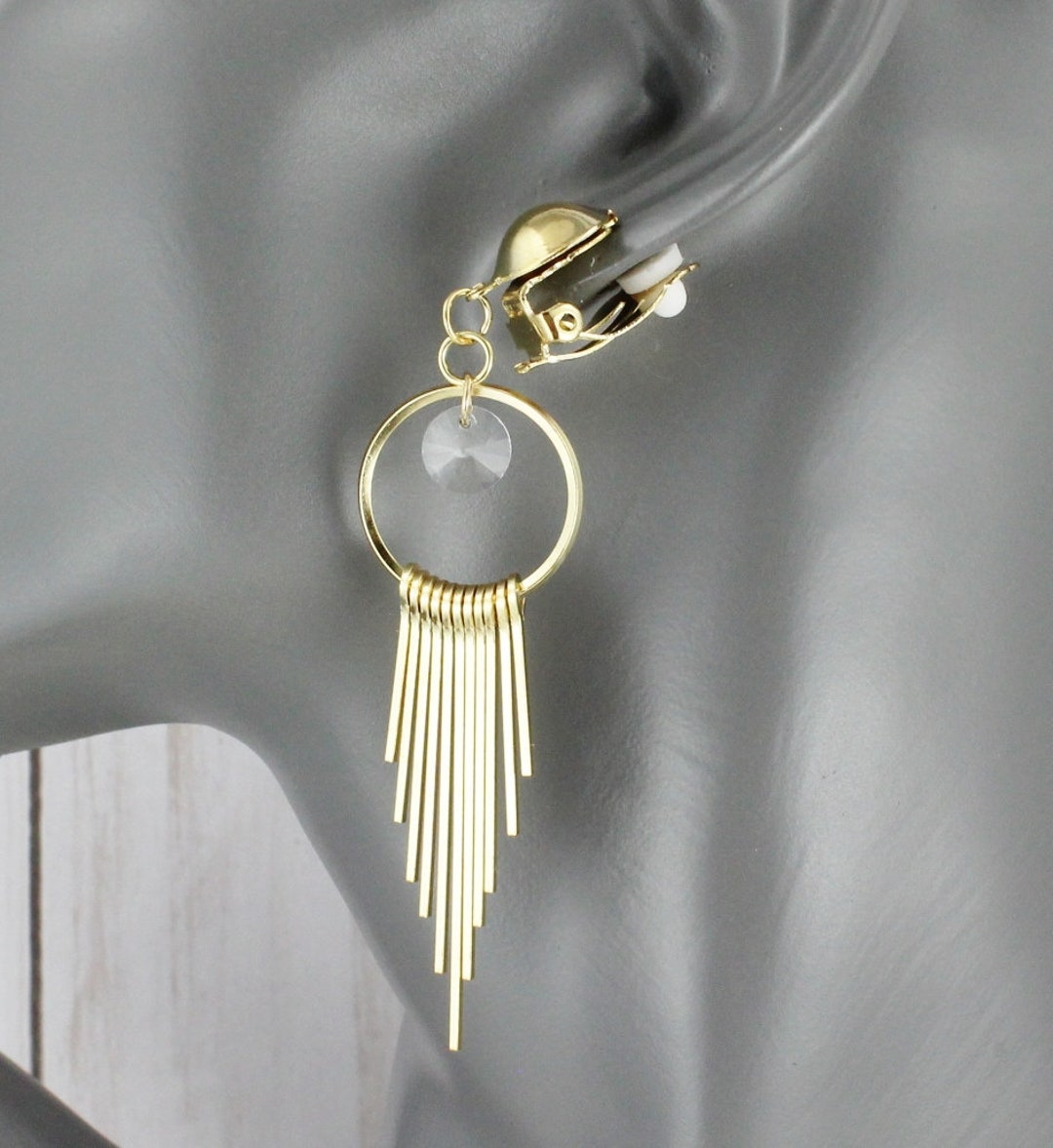 Gold Clip on Earrings Tassel Chandelier Lightweight Fringe Dangle Clips ...