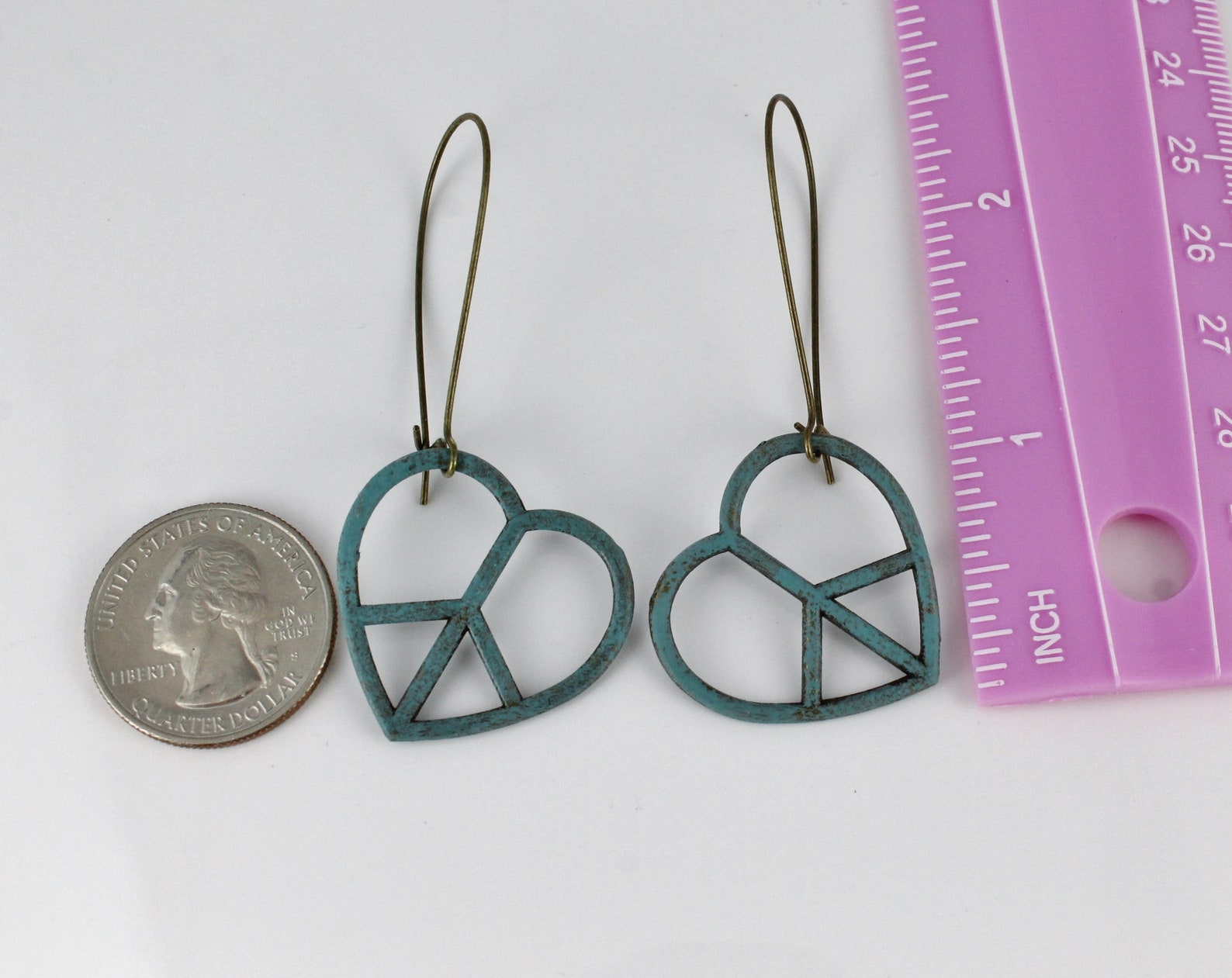 Teal Blue Peace Sign Earrings Heart Peace Symbol Love and Peace Dangle ...