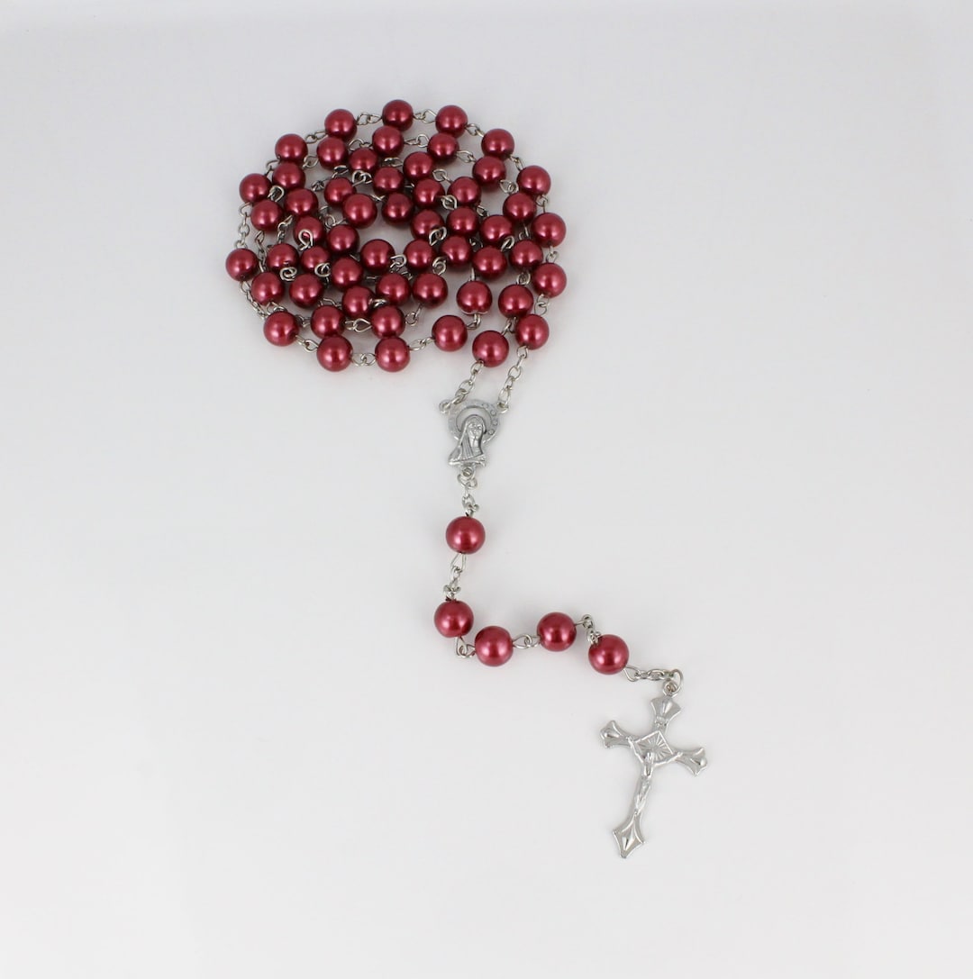 Dark Red Glass Bead Beaded Rosary Silver Cross Long Necklace Faux Pearl ...