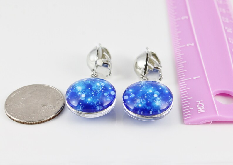 Blue Snowflake Clip on Earrings Silver Ear Clip Non-pierced Clips ...