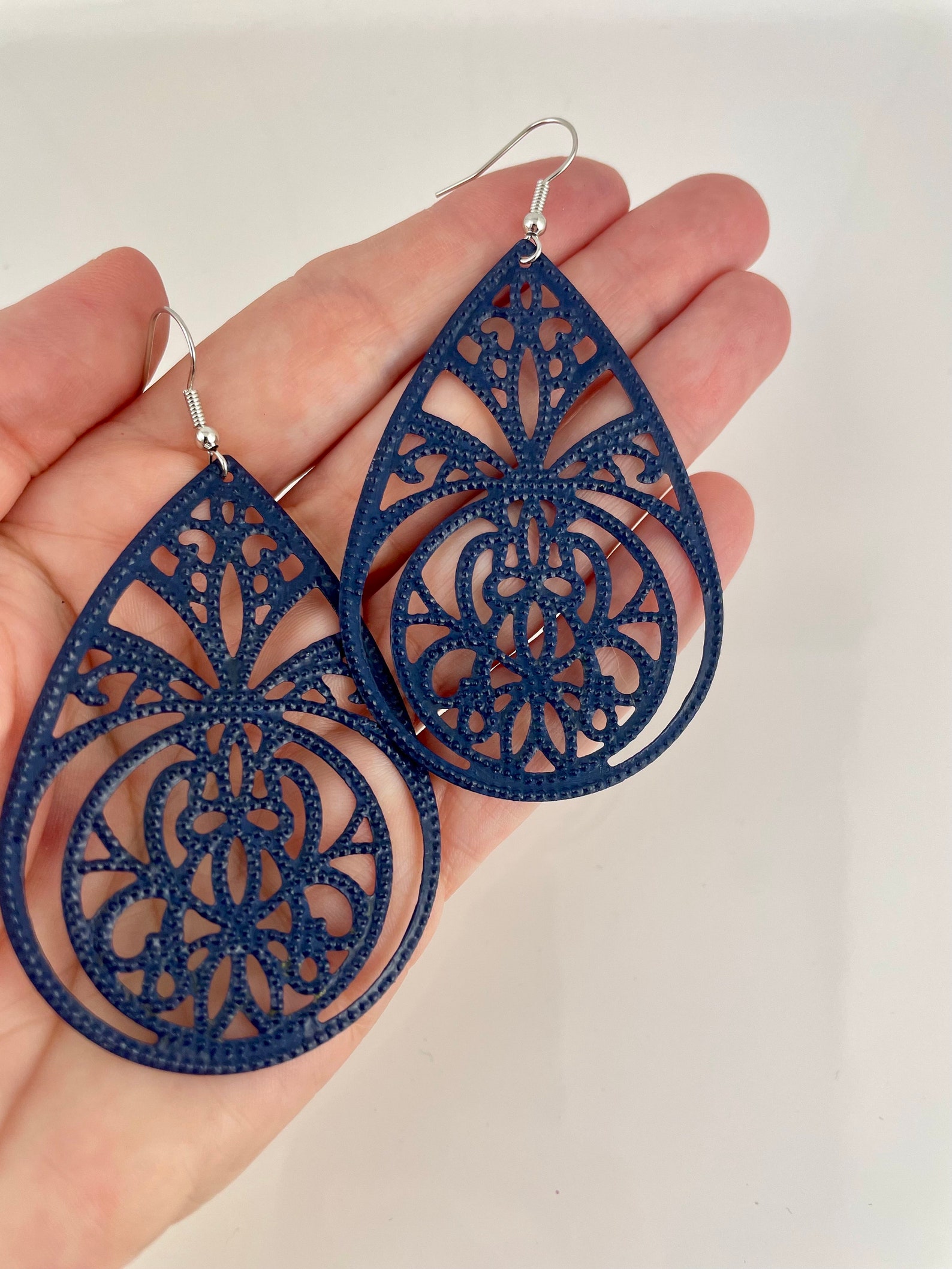 Dark Blue Filigree Earrings Big Medallion Teardrop Oval Filigree Cut ...