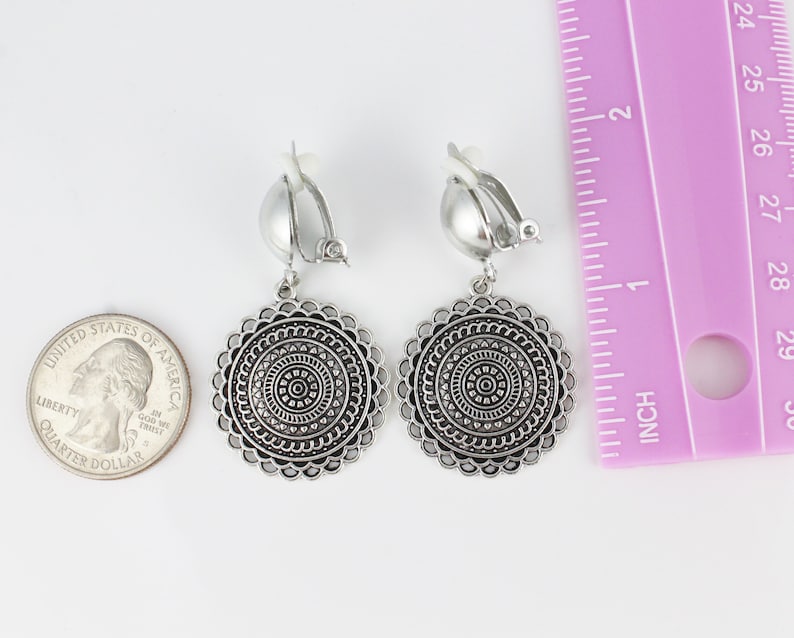 Silver Clip on Earrings Round Stamped Pattern Dangle Clip - Etsy