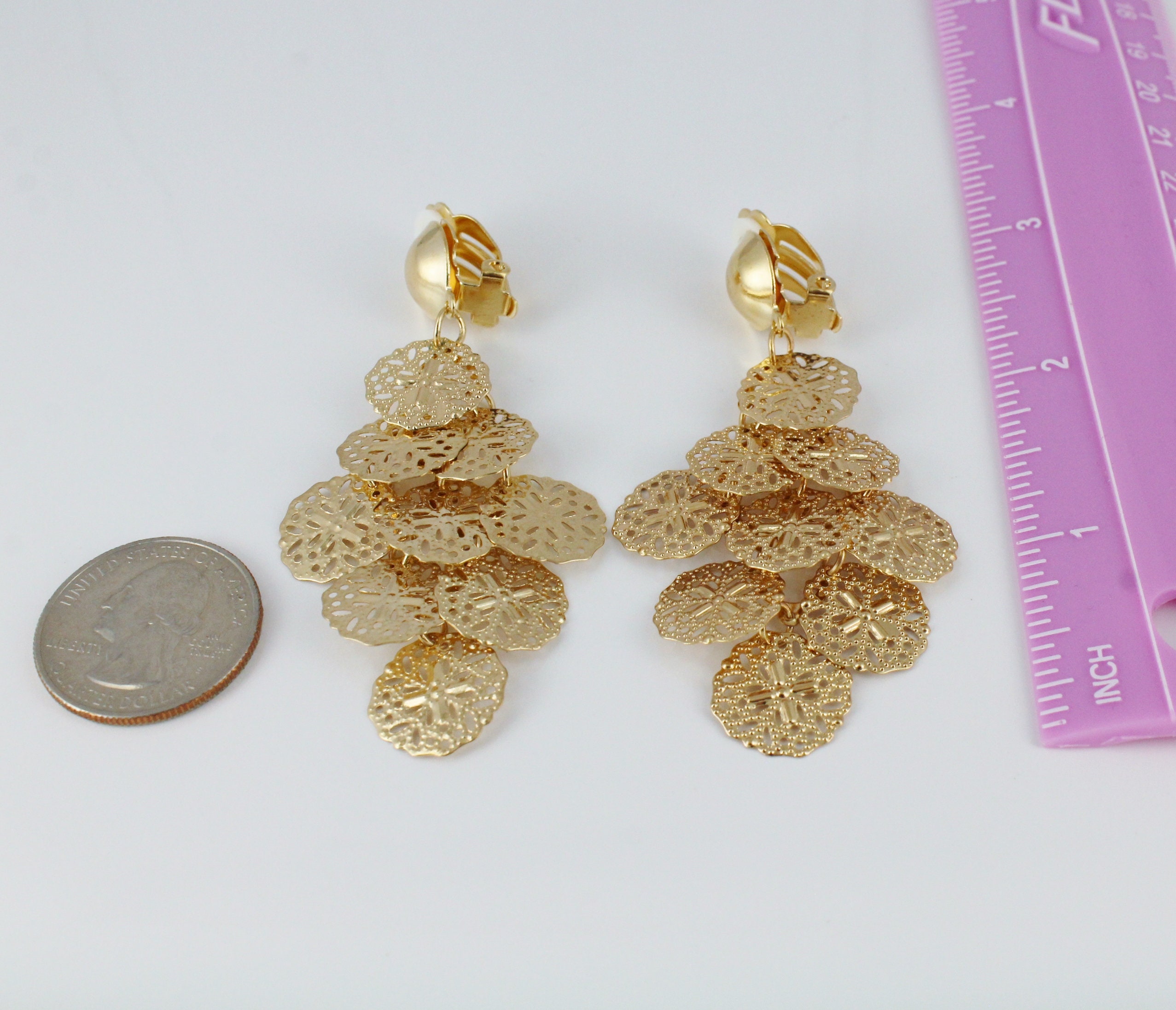 Gold Clip on Earrings Chandelier Lightweight Dangle Clips Filigree ...