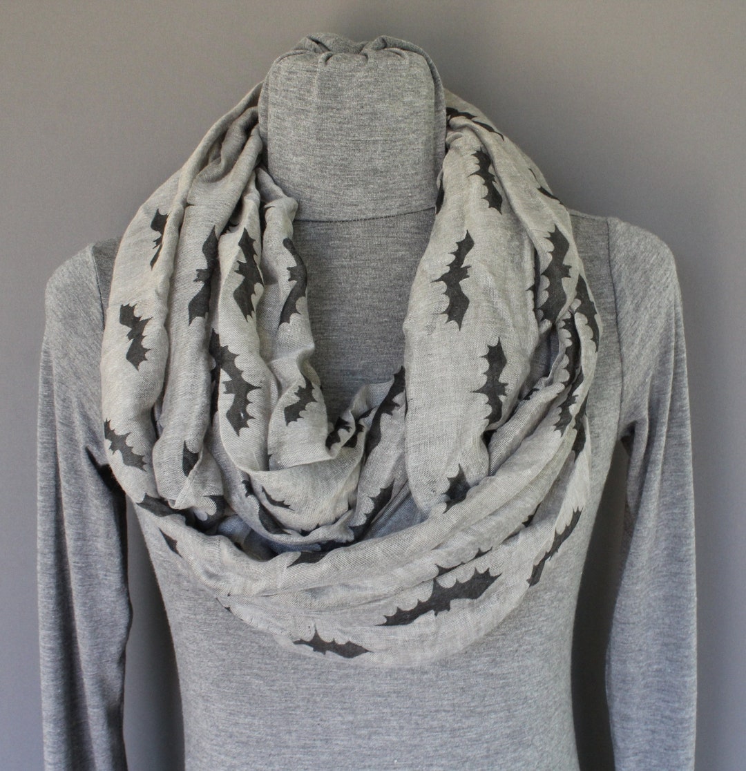Grey Black Bats Halloween Scarf Lightweight Gauzy Infinity Endless Loop ...