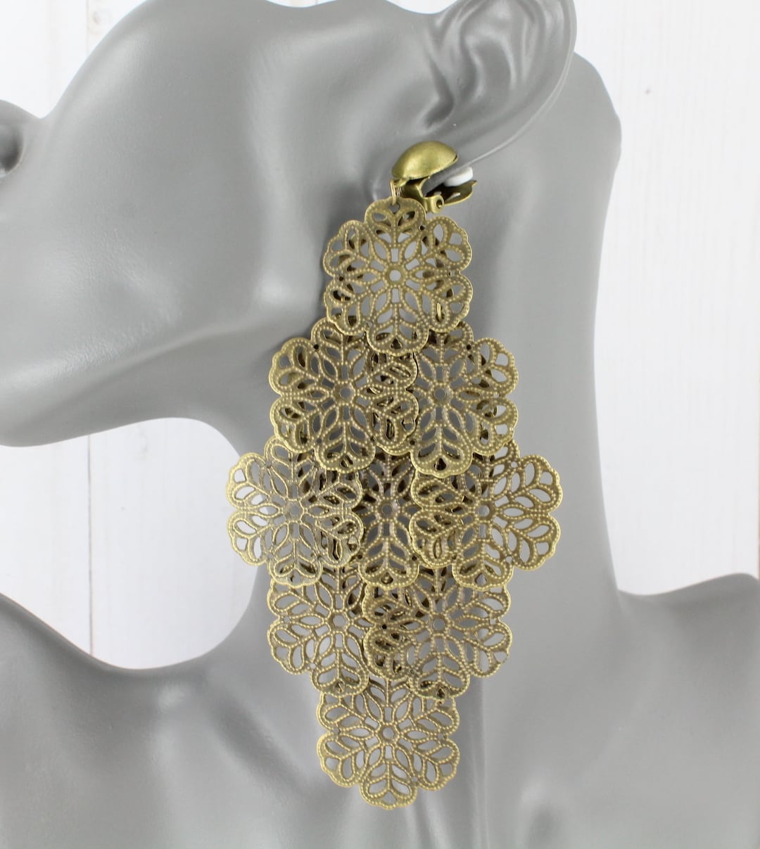 Bronze Clip on Earrings Big Huge Chandelier Dangle Clips Flower Floral ...