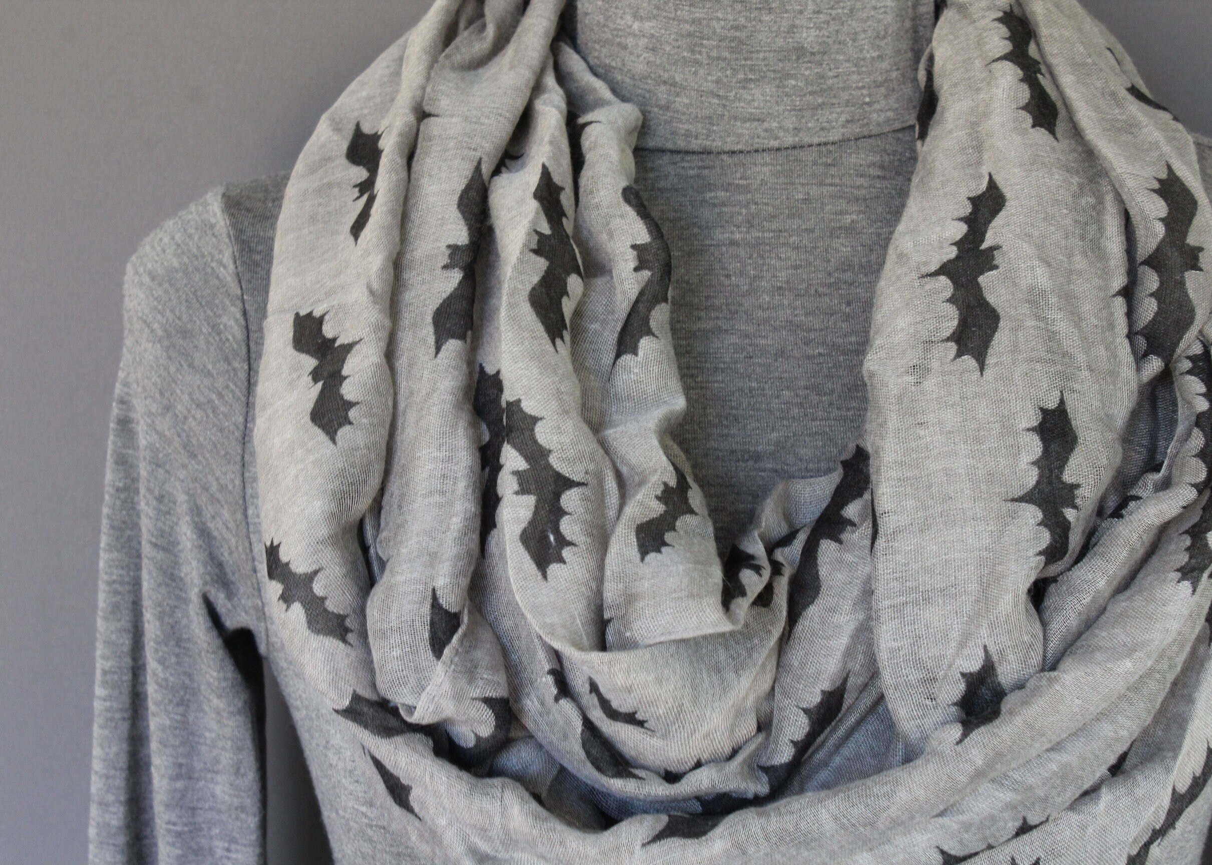 Grey Black Bats Halloween scarf lightweight gauzy infinity | Etsy