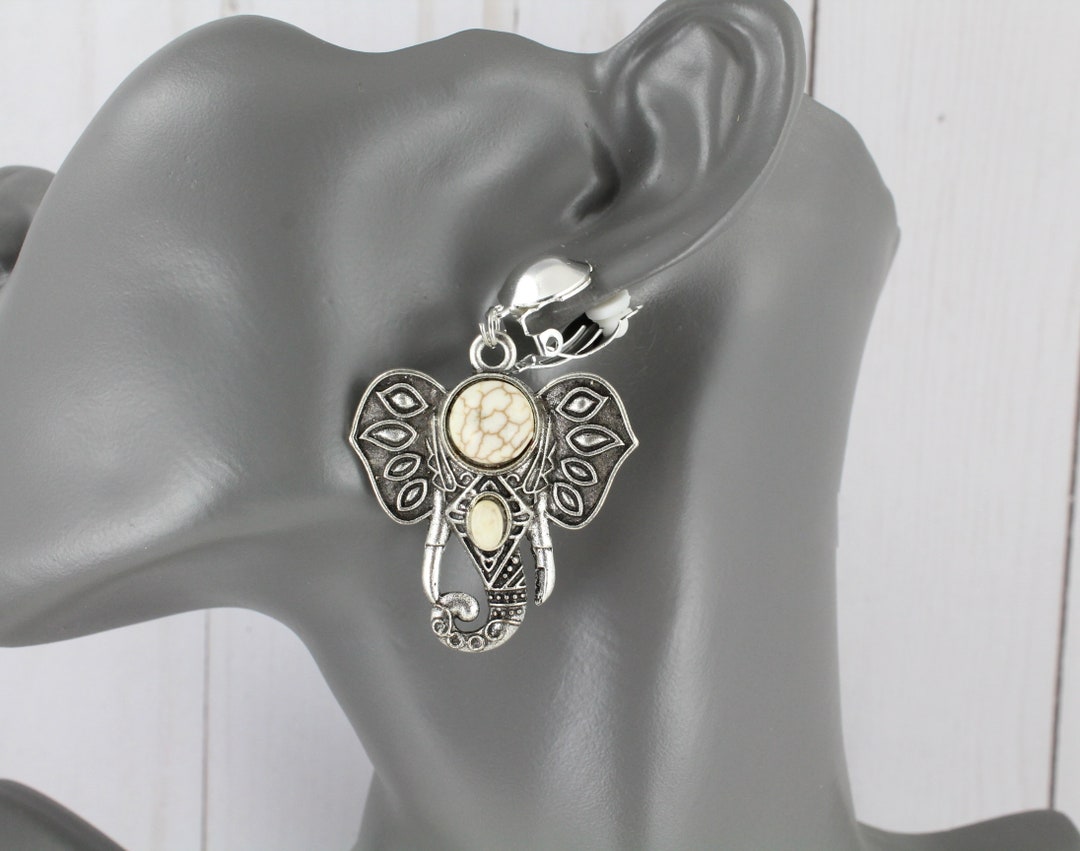 Clip on Elephant Earrings Trunk Ears Pendant 2 1/8" Long Cream Bead ...