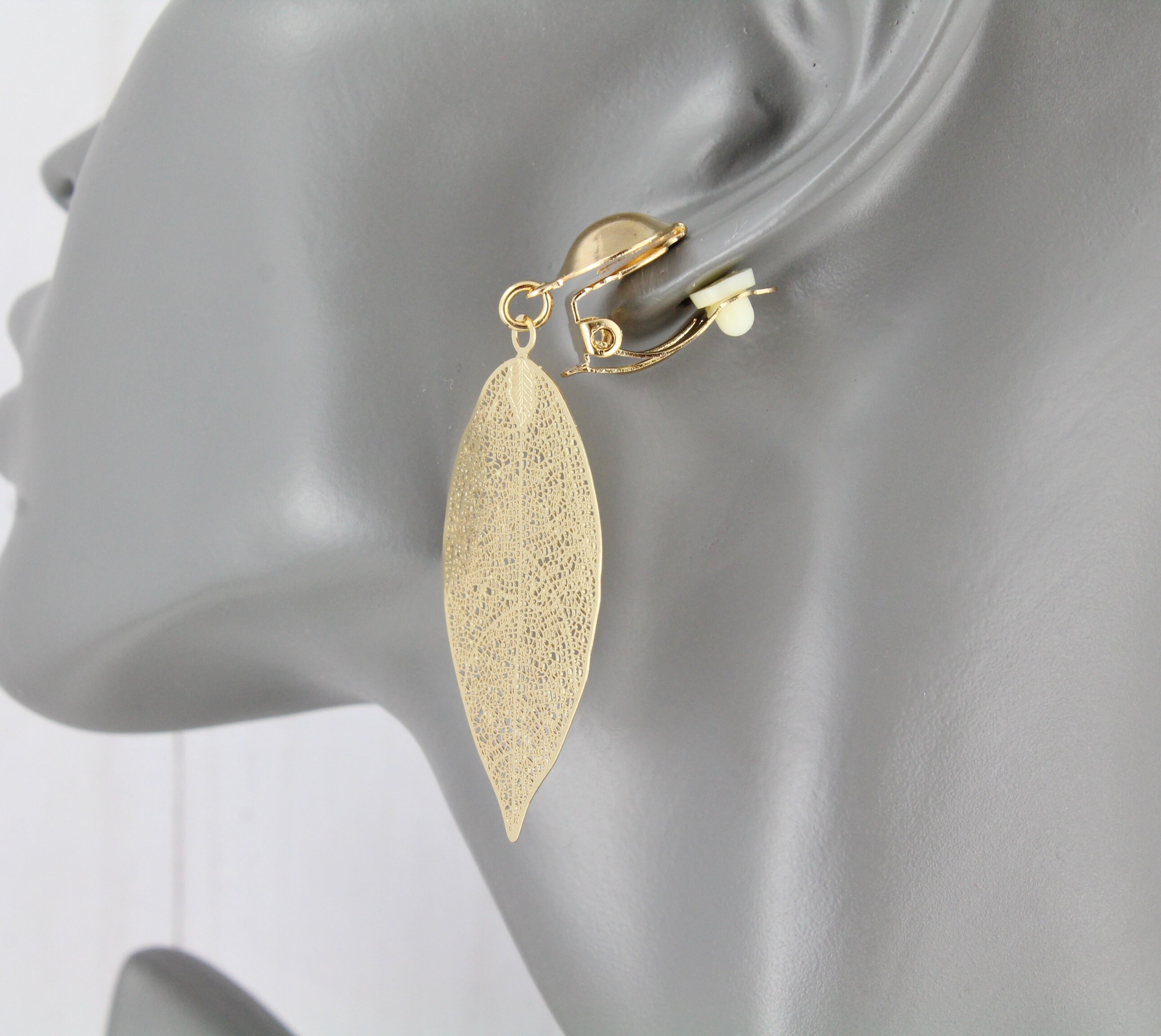 Gold clip on earrings filigree metal feather leaf dangle | Etsy