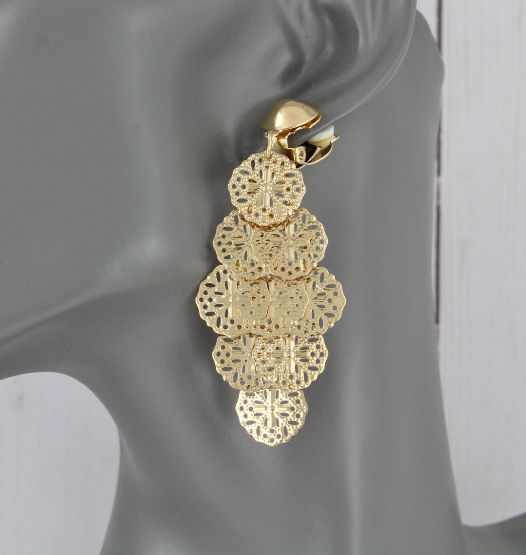 Gold Clip on Earrings Chandelier Lightweight Dangle Clips Filigree ...