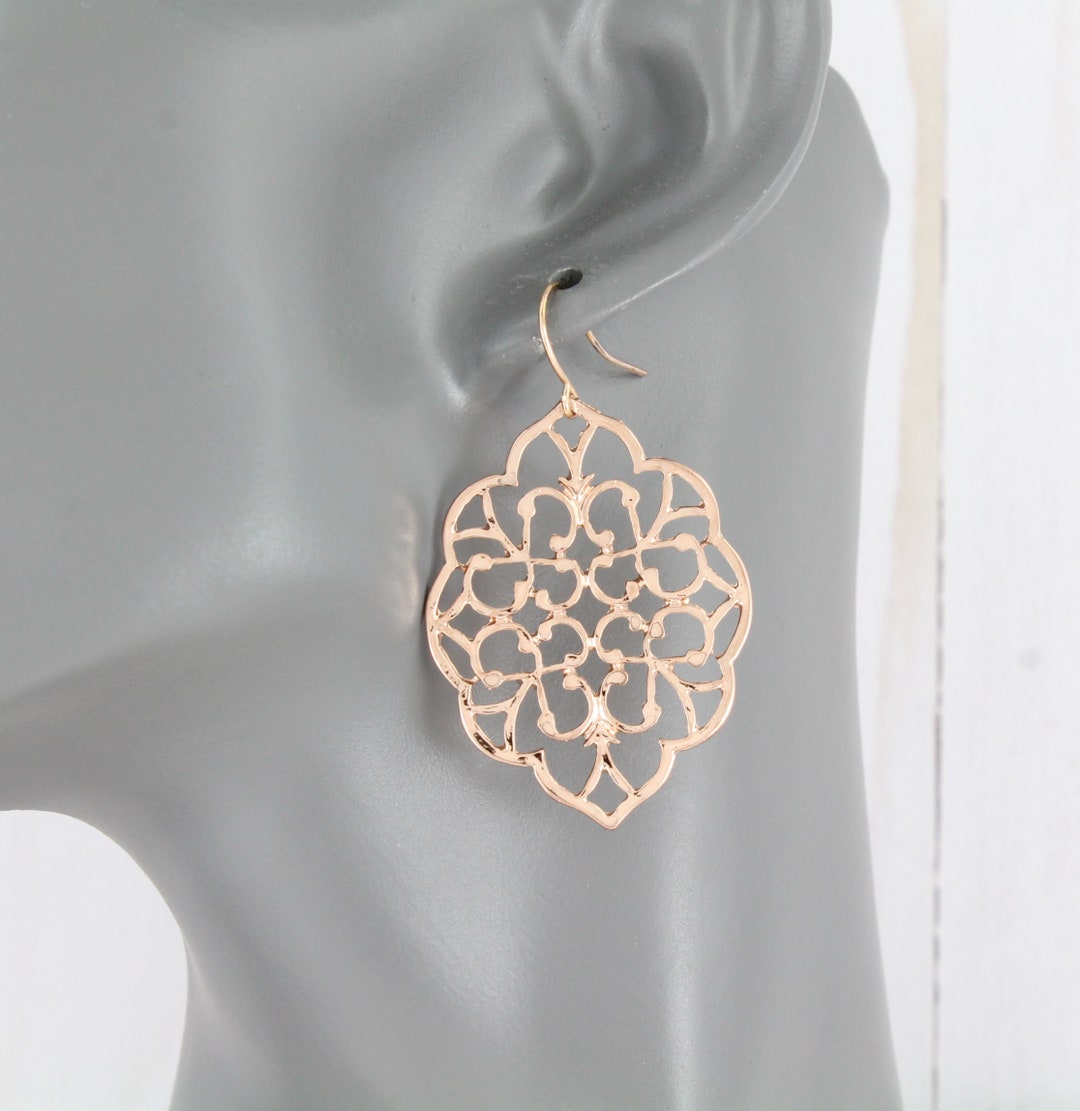 Rose Gold Filigree Earrings Teardrop Boho Chic Moroccan Medallion ...
