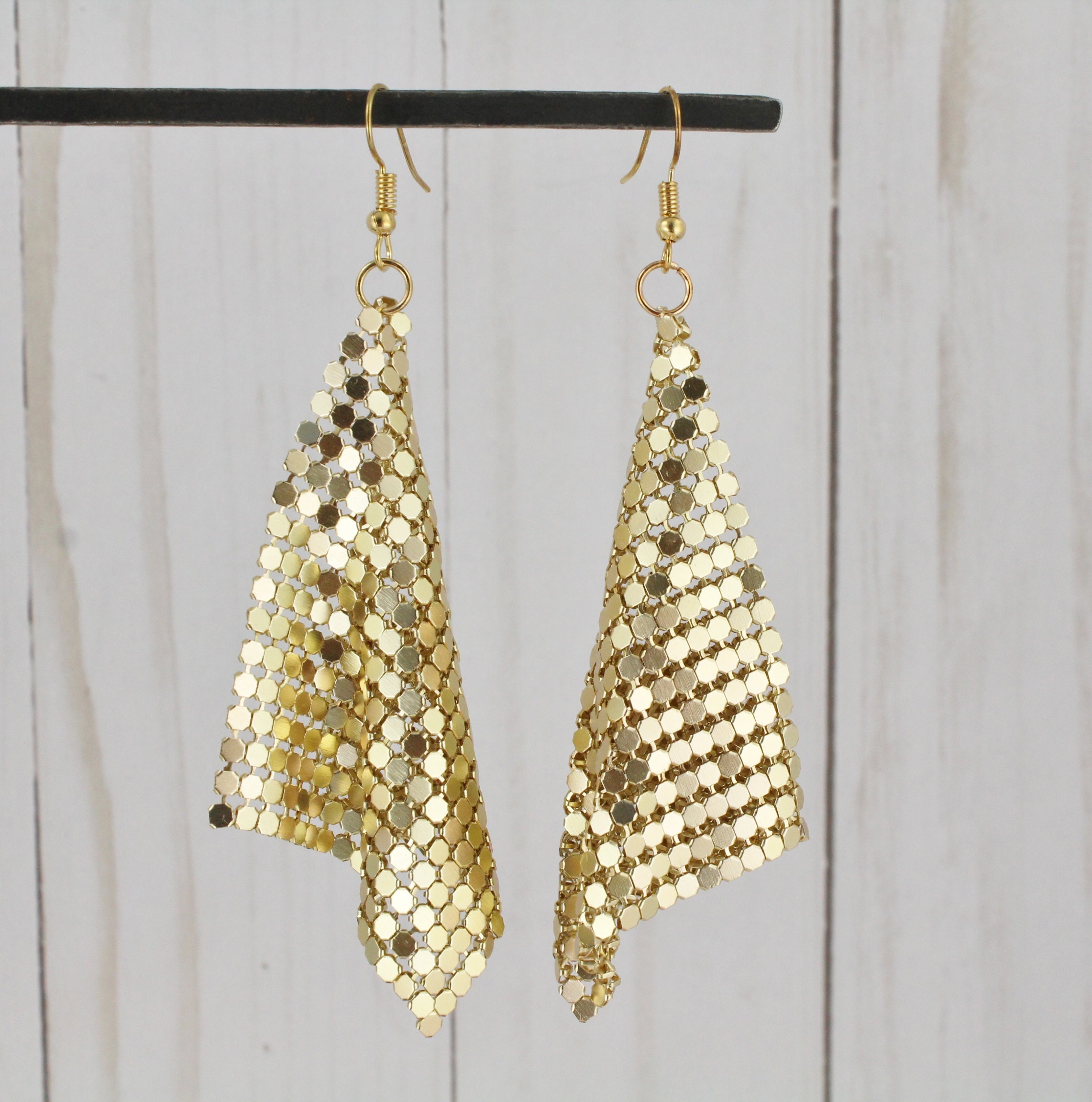Gold mesh earrings metal dangle dangly flowy lightweight | Etsy