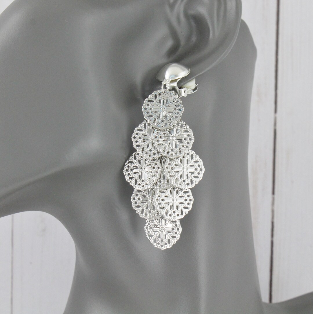 Silver Clip on Earrings Chandelier Lightweight Dangle Clips Filigree ...