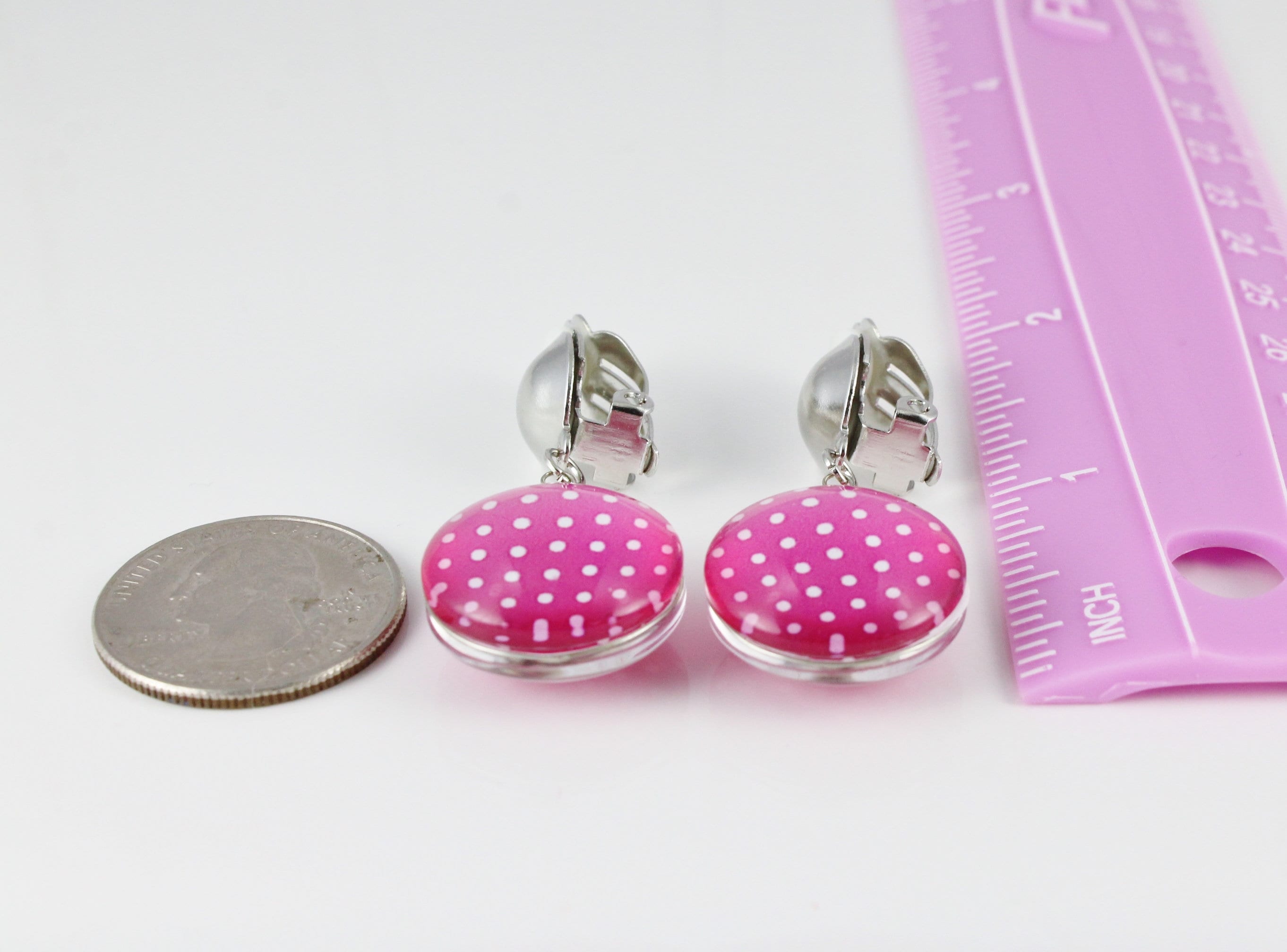 Pink Clip On earrings Silver ear clip Non-pierced Clips polka | Etsy
