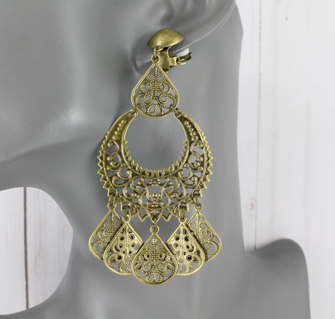 Bronze Clip on Earrings Chandelier Lightweight Dangle Clips Filigree ...