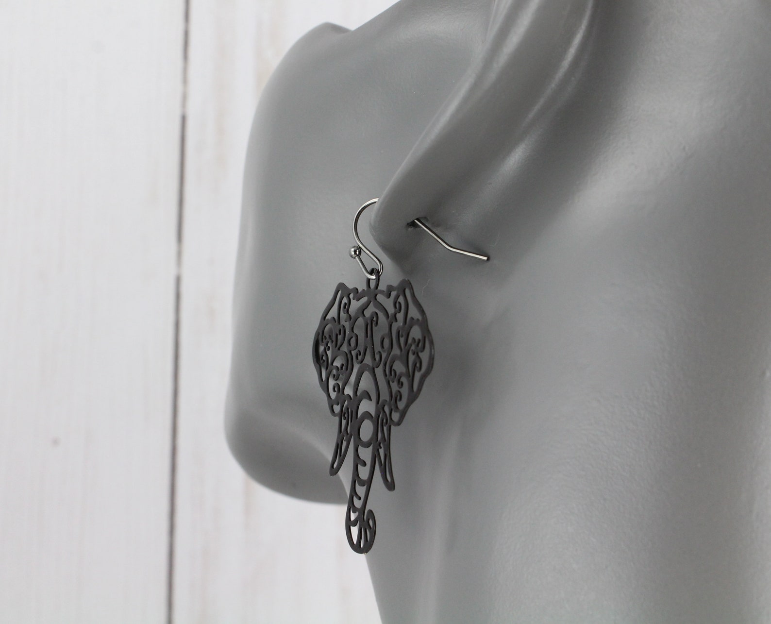 Black Elephant Earrings Lightweight Filigree Trunk Ears | Etsy