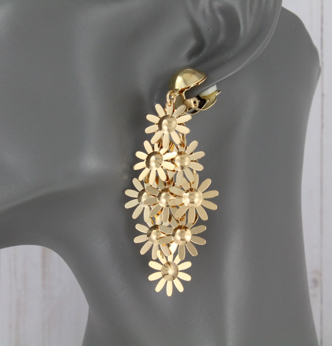 Gold Clip on Earrings Flower Chandelier Lightweight Dangle Clips Daisy ...