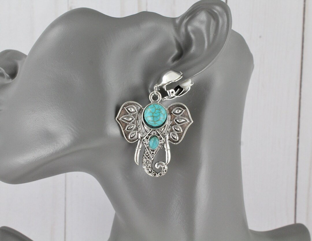 Clip on Elephant Earrings Trunk Ears Pendant 2 1/8" Long Turquoise Bead ...