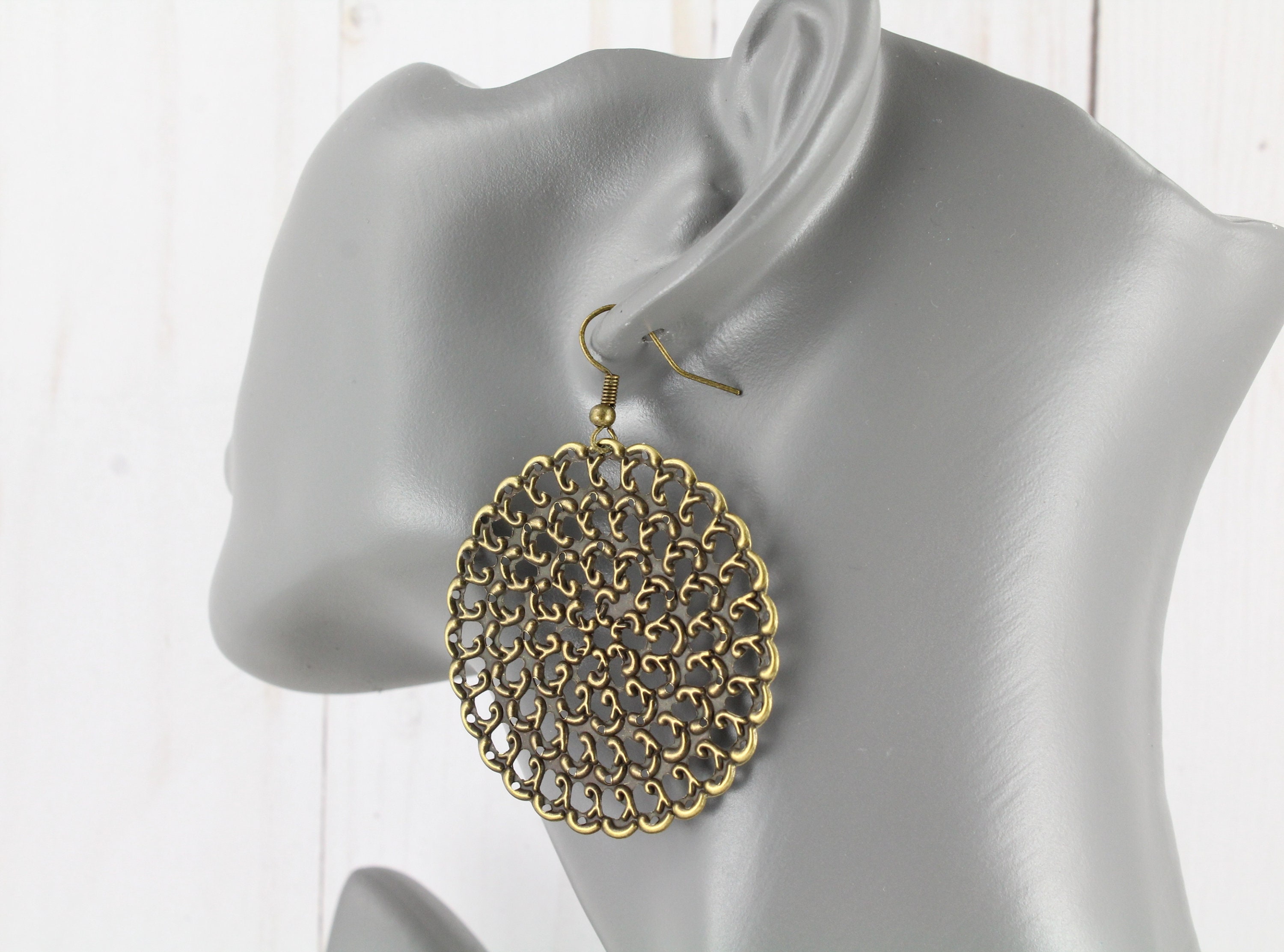 Big Huge Earrings Medallion Round Circle Filigree Cut Out Dangle Drop ...