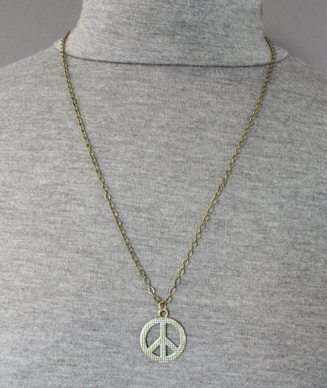 Peace Sign Necklace 25" Long Necklace Chain Peace Symbol Pendant Bronze ...