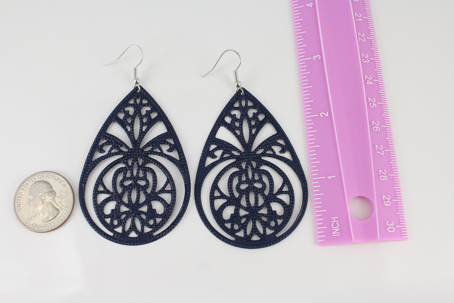Dark Blue Filigree Earrings Big Medallion Teardrop Oval Filigree Cut ...