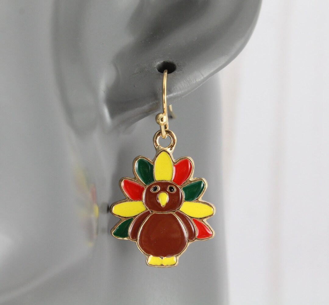 Turkey Earrings Thanksgiving Earrings Enamel Yellow Red Green Brown ...