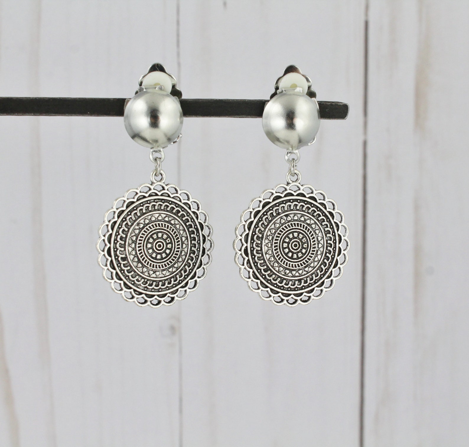 Silver Clip on Earrings Round Stamped Pattern Dangle Clip - Etsy