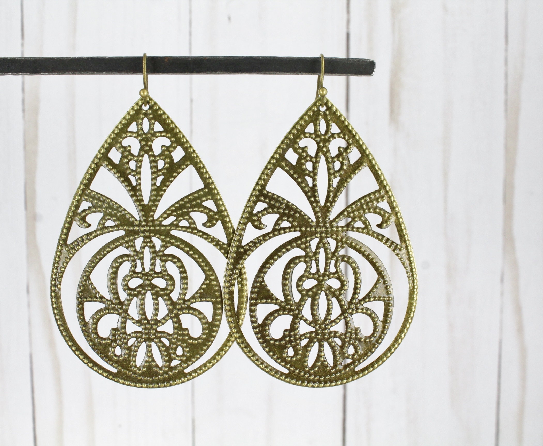 Filigree Earrings Bronze Big Medallion Teardrop Oval Filigree Cut Out ...