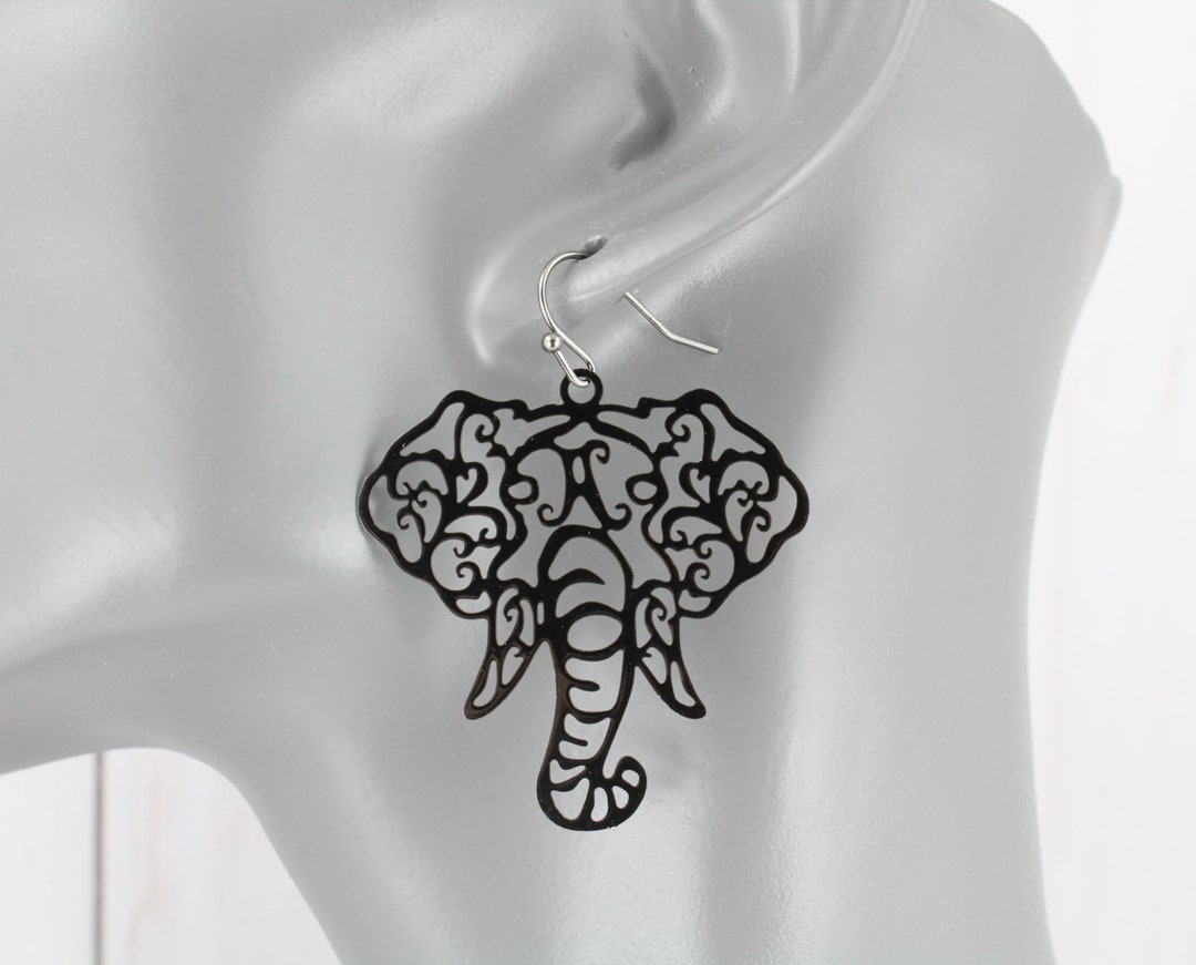 Black Elephant Earrings Lightweight Filigree Trunk Ears Pendant 2" Long ...