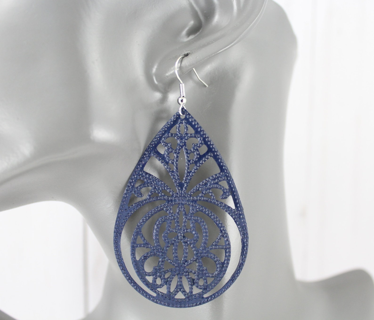 Dark Blue Filigree Earrings Big Medallion Teardrop Oval Filigree Cut ...