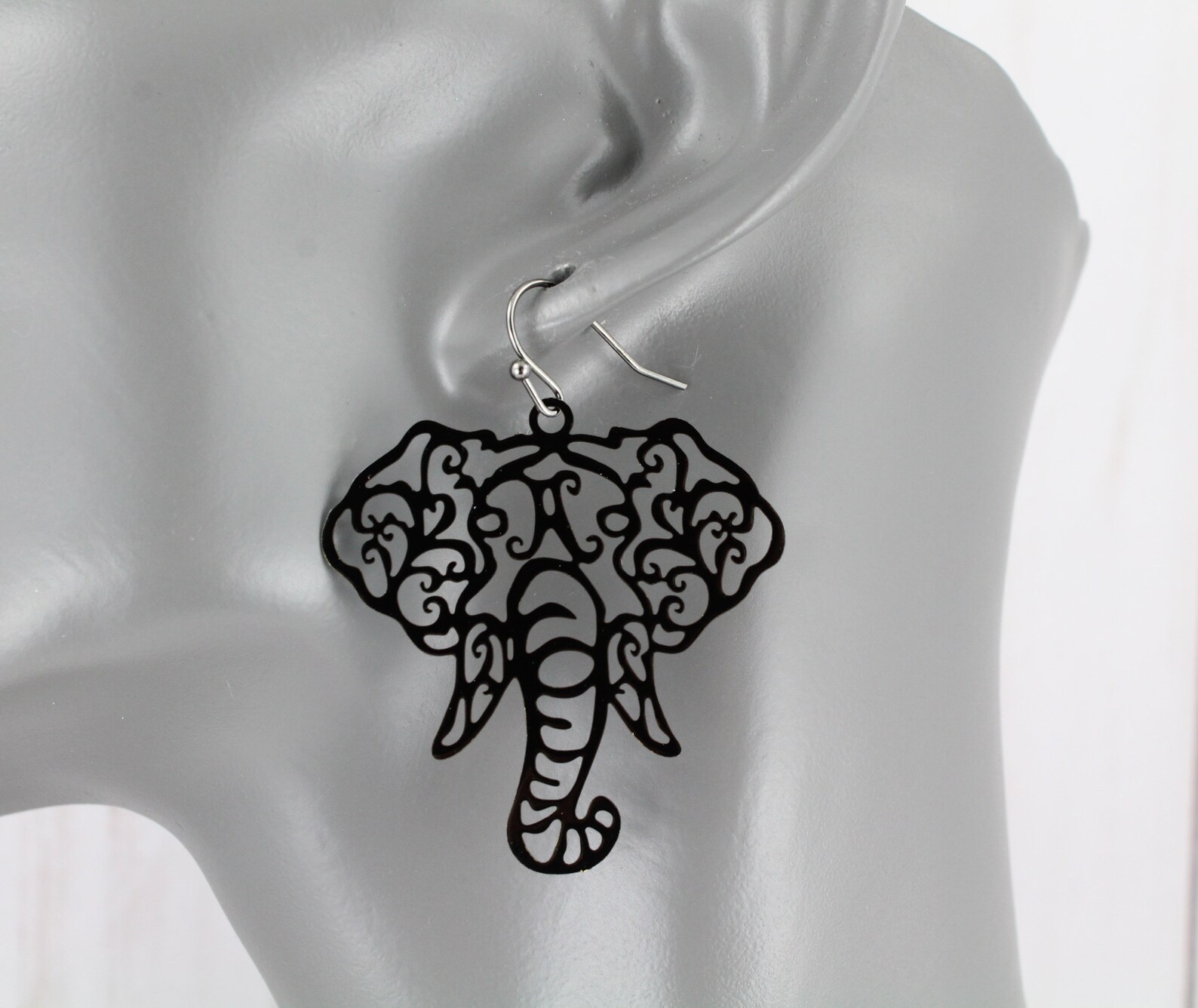 Black Elephant Earrings Lightweight Filigree Trunk Ears | Etsy