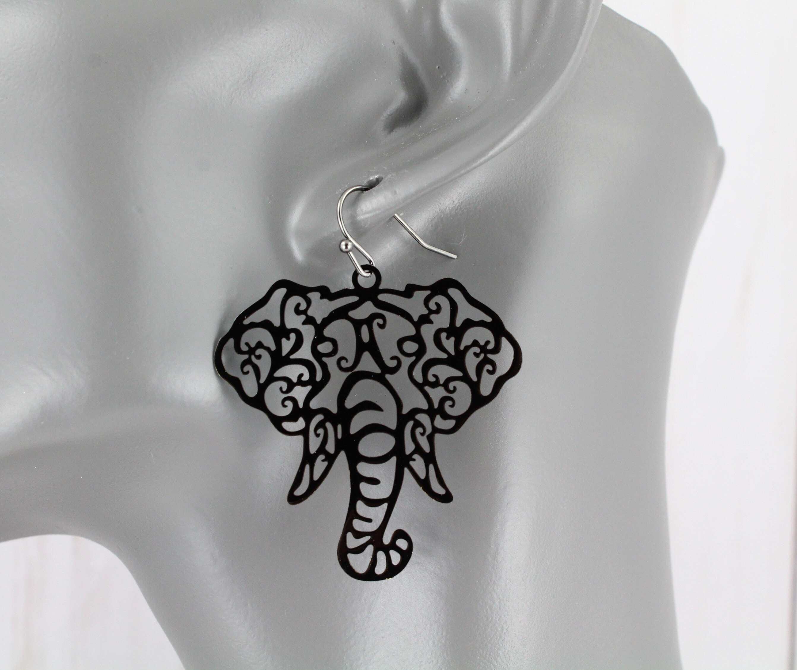Black Elephant Earrings Lightweight Filigree Trunk Ears | Etsy
