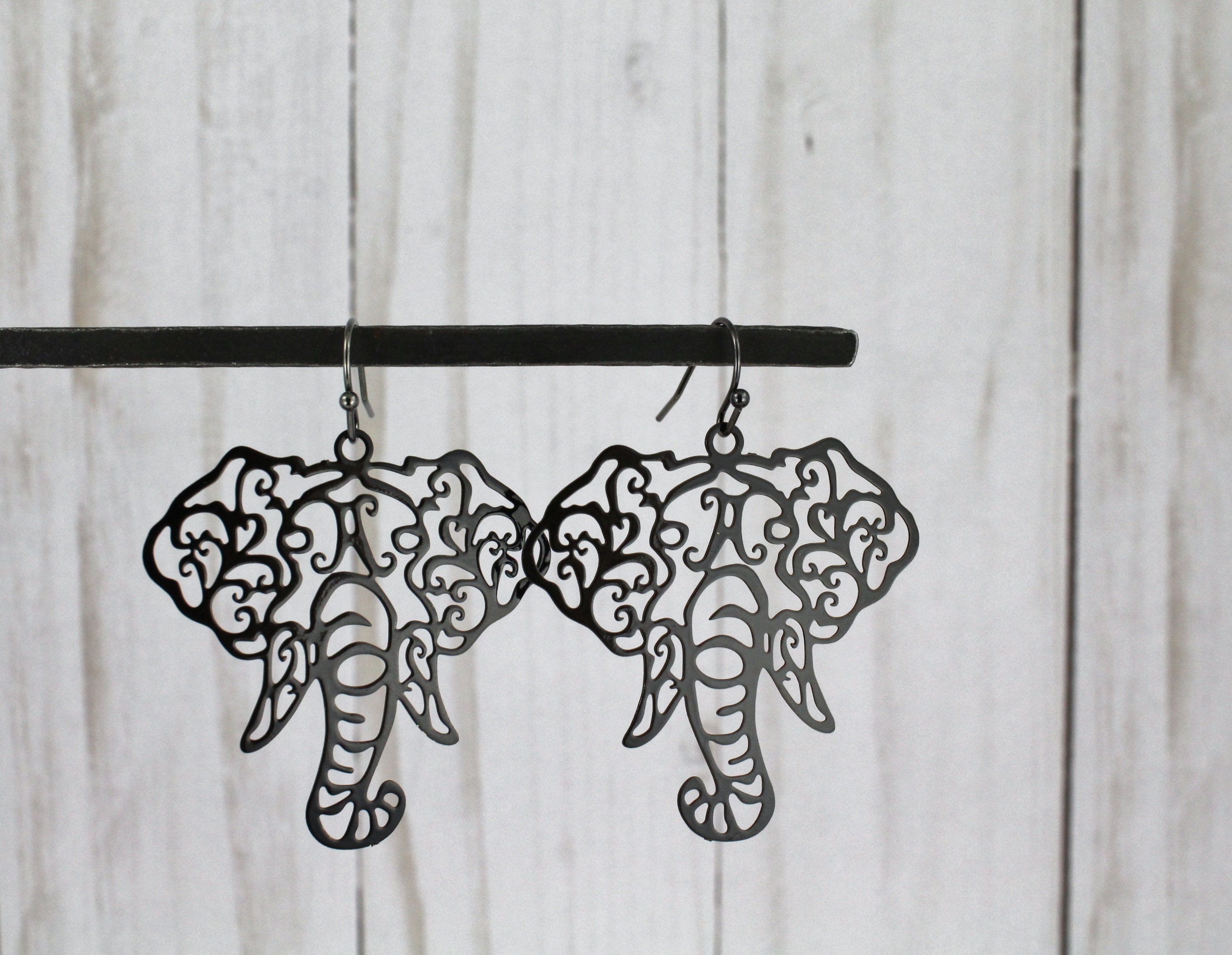 Black Elephant Earrings Lightweight Filigree Trunk Ears | Etsy