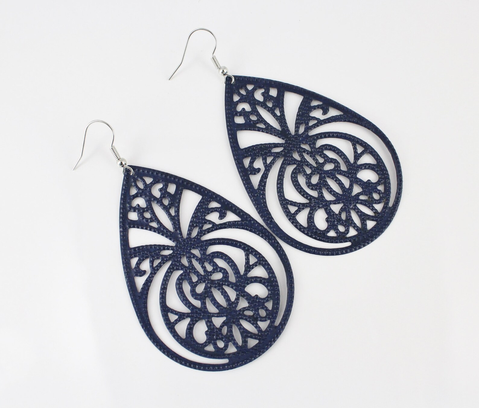 Dark Blue Filigree Earrings Big Medallion Teardrop Oval Filigree Cut ...