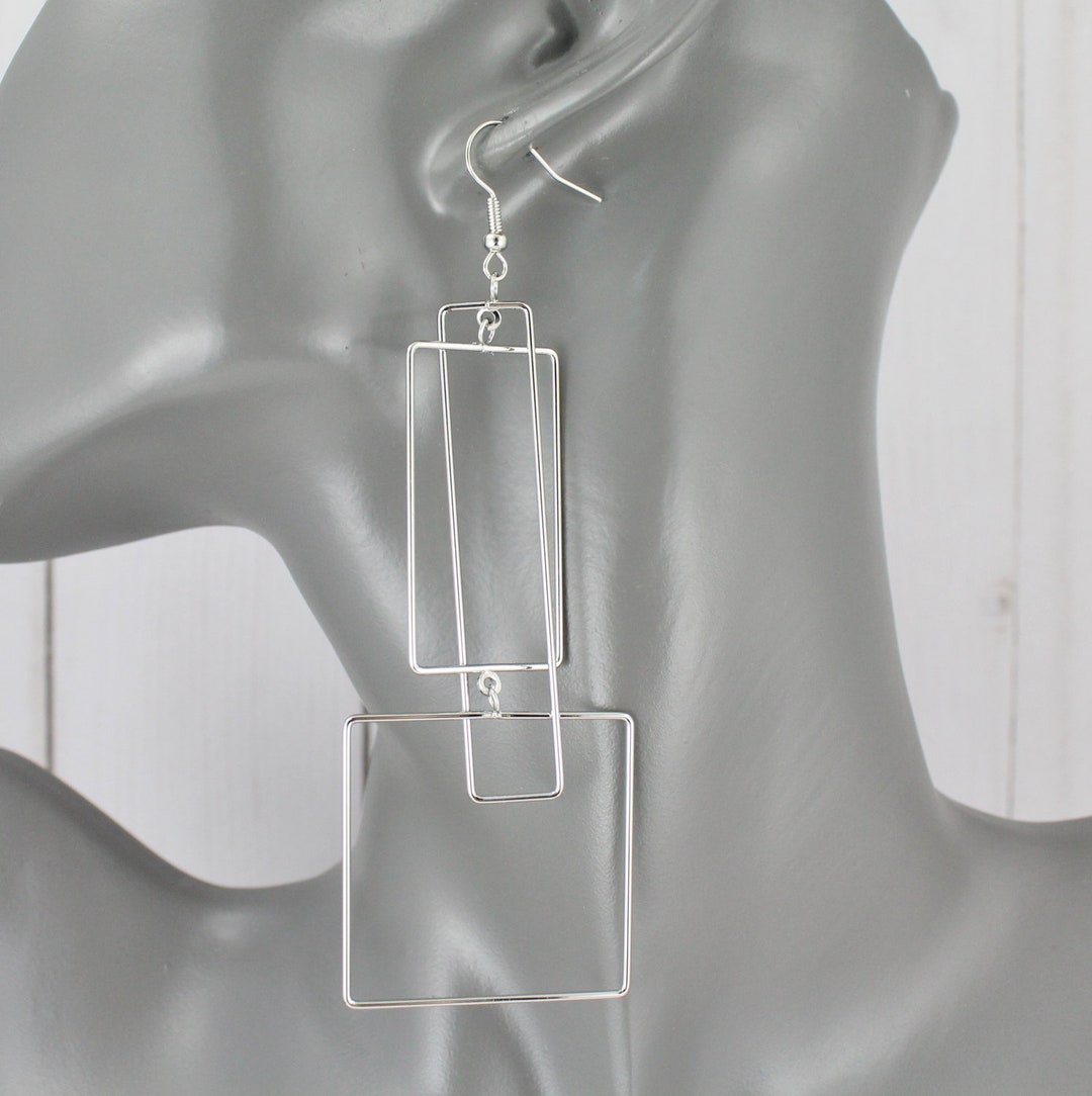 Silver Rectangle Earrings Outline Square Dangle Drop Cut Out ...