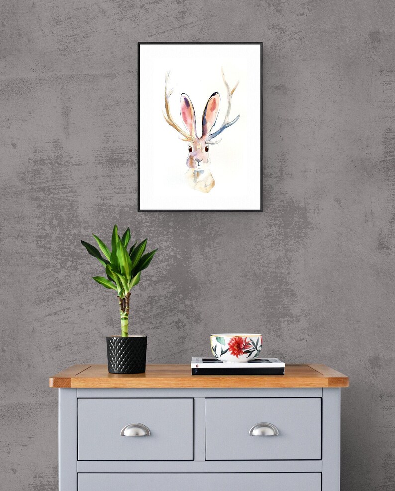 Jackalope Print Bunny Deer Wall Art Watercolor - Etsy