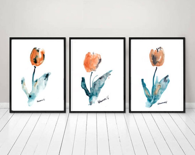 Blue Tulips Print Set of 3, Tulips Painting, Blue Flowers Print Wall ...