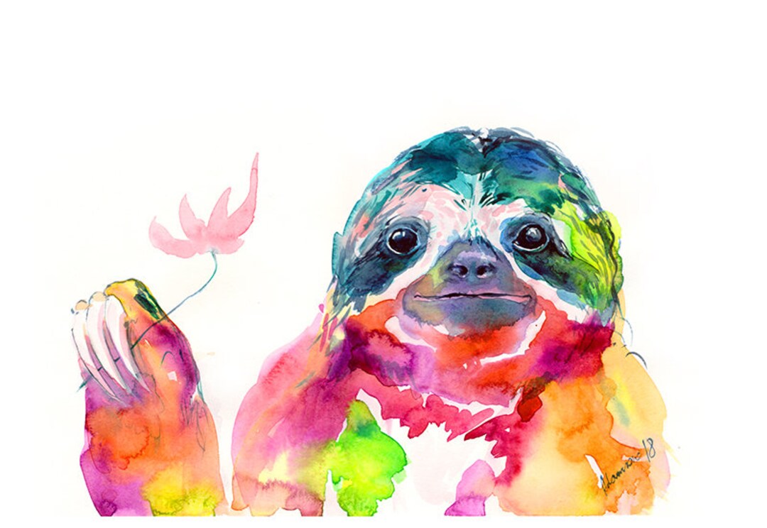 Sloth Wall Art Multi Colored Watercolor A4, A3 Watercolour Picture ...
