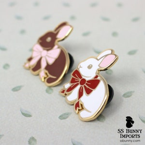 Bunny With Bow Hard Enamel Pin - Brown, White; Rabbit Lapel Pin, Bunny ...
