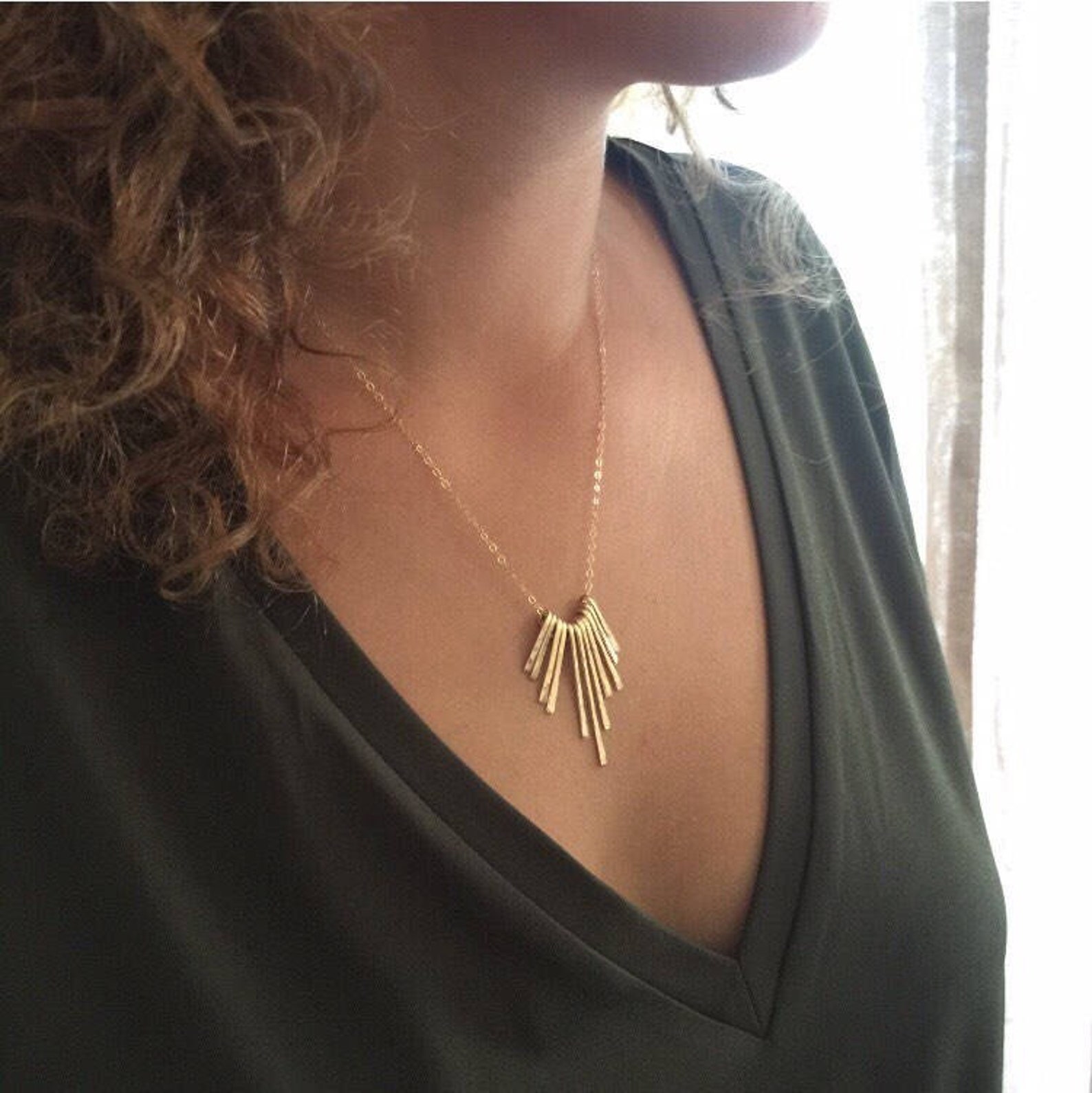 Gold Filled Fringe Necklace Pendant, Delicate Sunburst Necklace ...