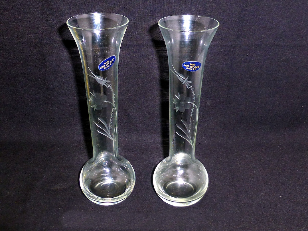 2 Vintage Corning Glass Hand Cut Flowers Bud Vase Pair - Etsy