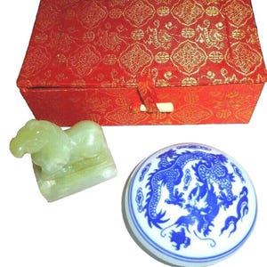 Vintage Jade Horse Oriental Chop Seal Stamp Set Chinese Dragon Red Ink ...