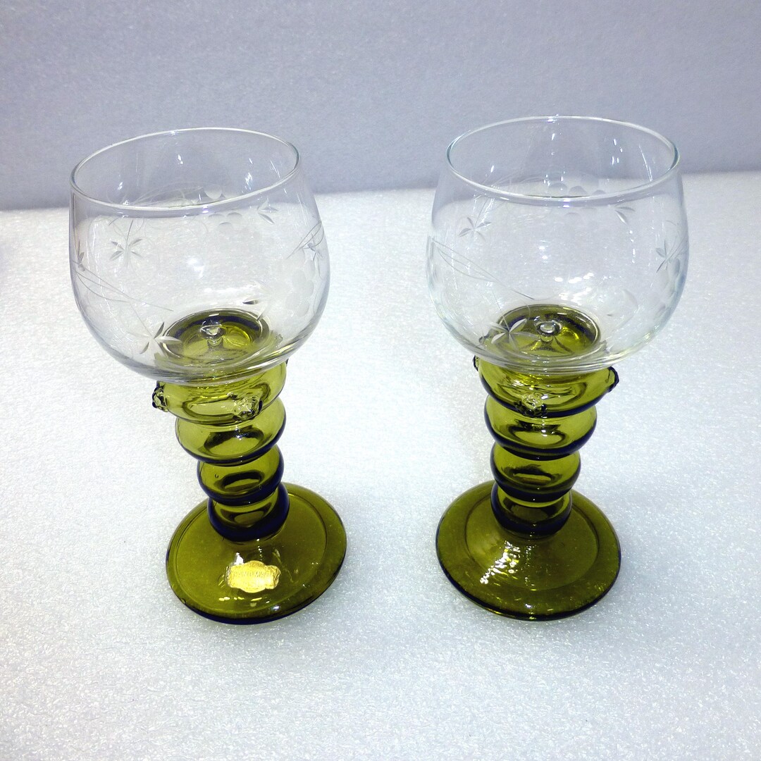 2 Vintage Hand Made German Wine Glasses Roemer Etched Green Stem 7 3/8 ...