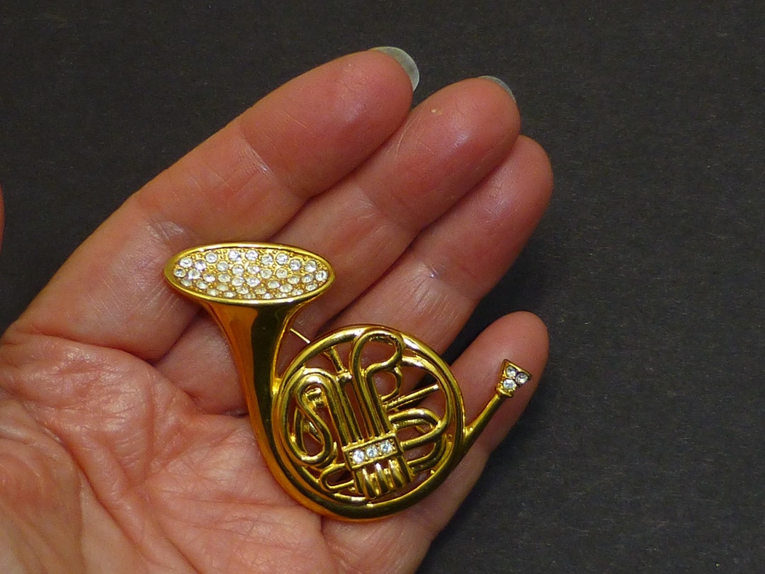 Vintage Kenneth Jay Lane French Horn Brooch Rhinestone Crystals Kjl ...