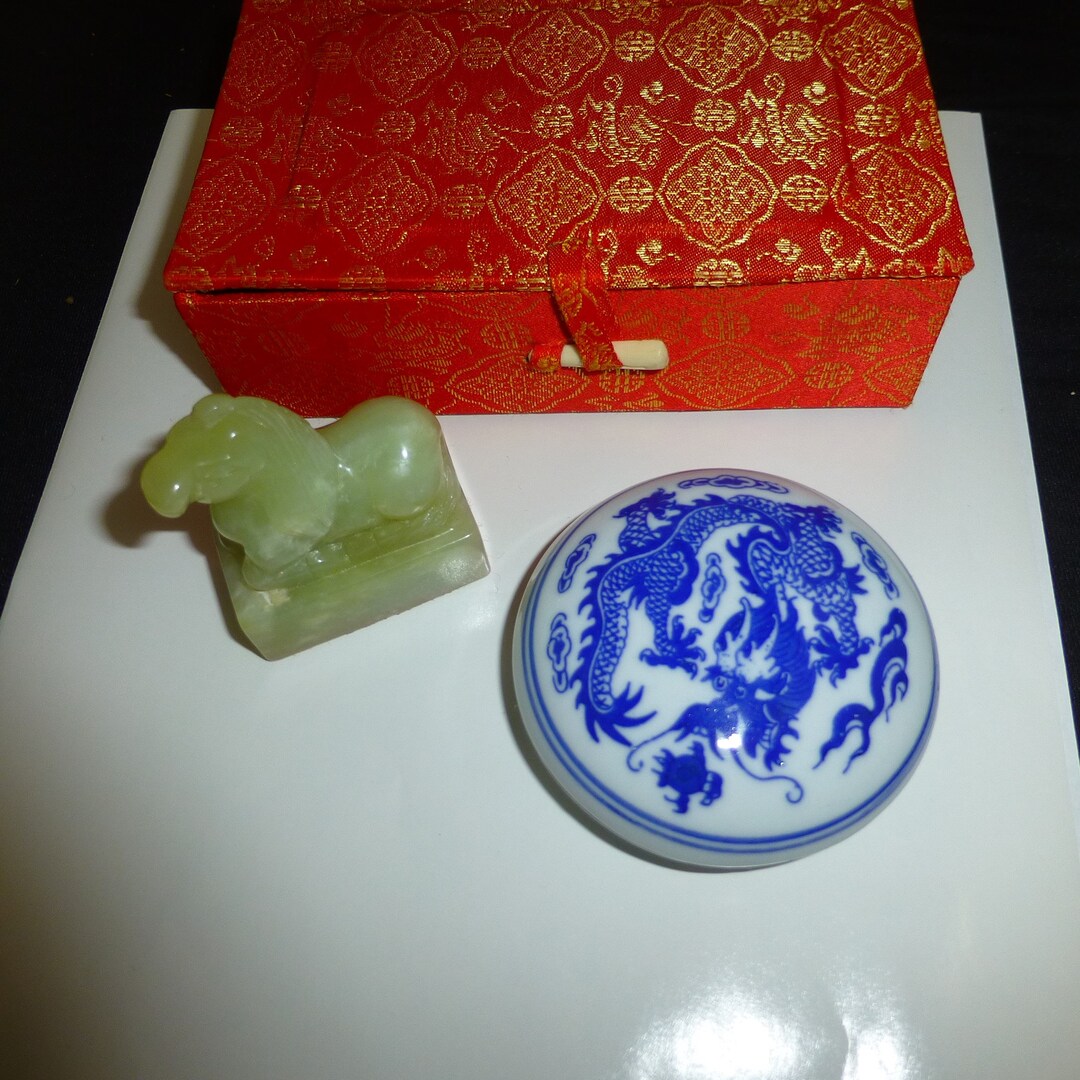 Vintage Jade Horse Oriental Chop Seal Stamp Set Chinese Dragon Red Ink ...