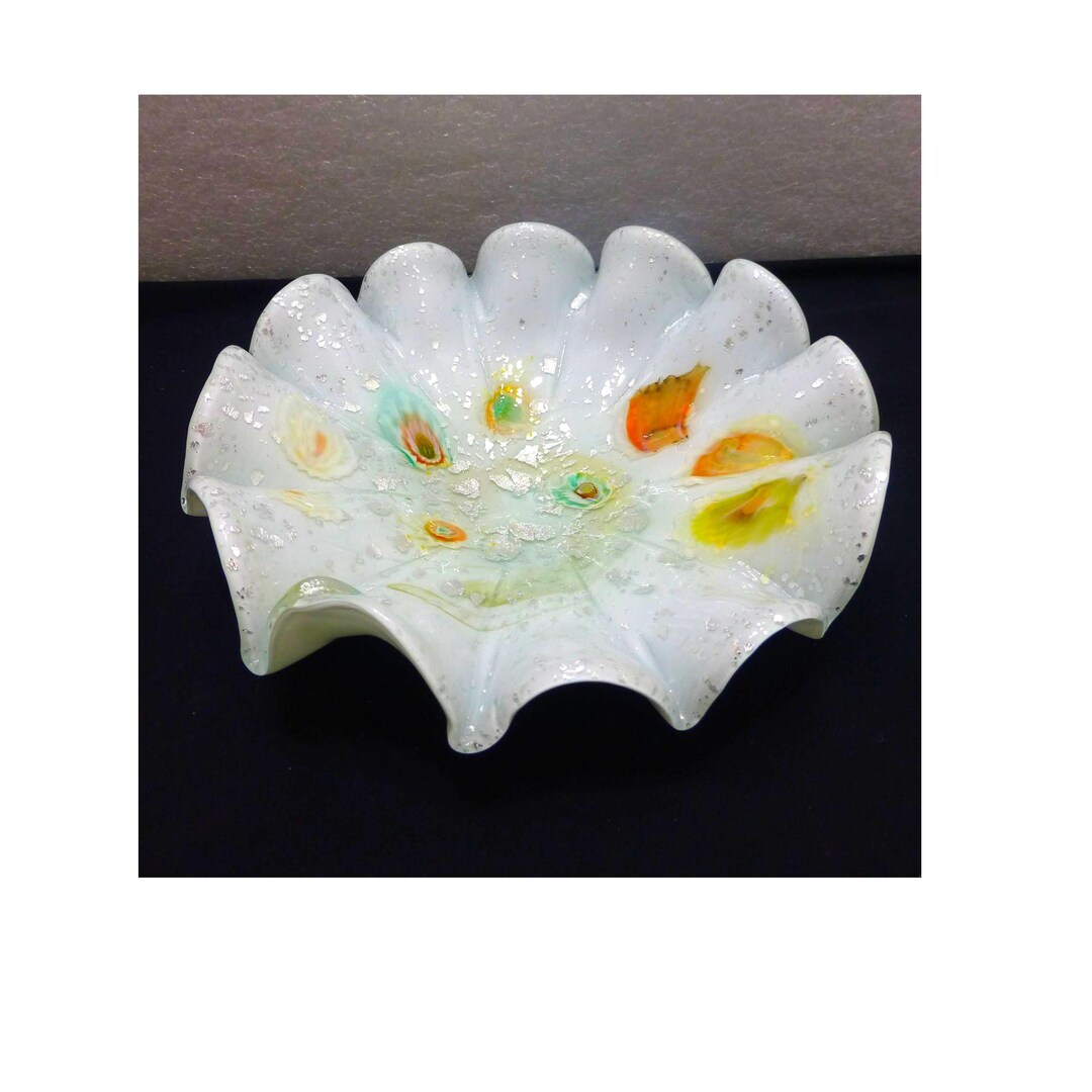 Vintage Murano Glass Bowl Mid Century Silver Flake Modernist Ruffle ...