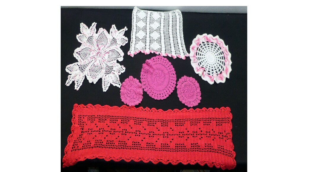 Pretty Pink Rose White Crochet Doily Collection Vintage Hand Made ...
