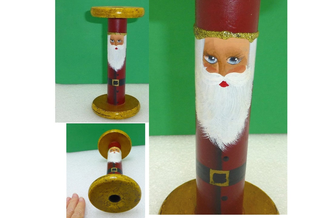 Antique Wood Thread Spool Spindle Hand Painted Santa Claus Folk Art ...