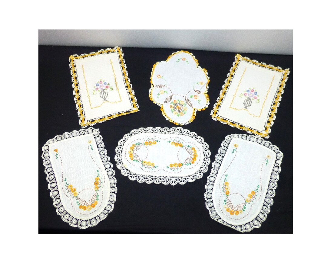 Vintage Hand Made Doilies Lot Embroidery Flowers Yellow Floral Doily ...