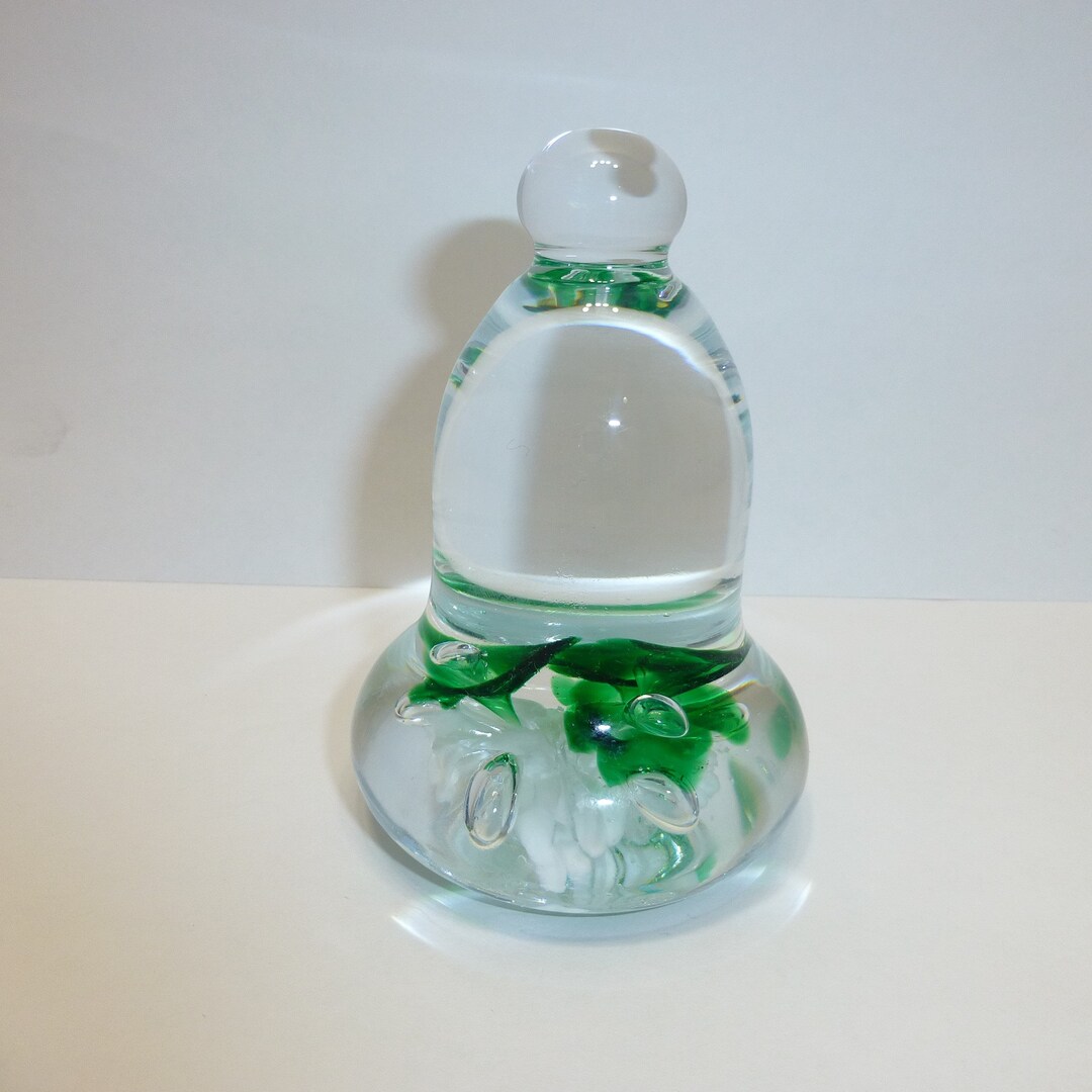Vintage Glass Bell Paperweight White Green Flowers Controlled Bubble ...