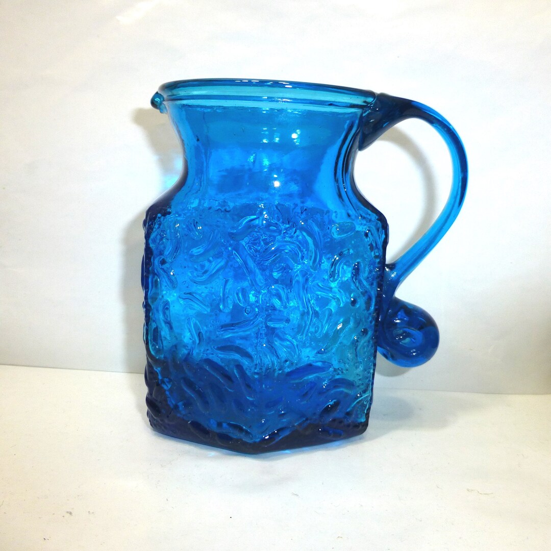 Beautiful Blue Crinkle Art Glass Textured Mid Century Pitcher Creamer ...